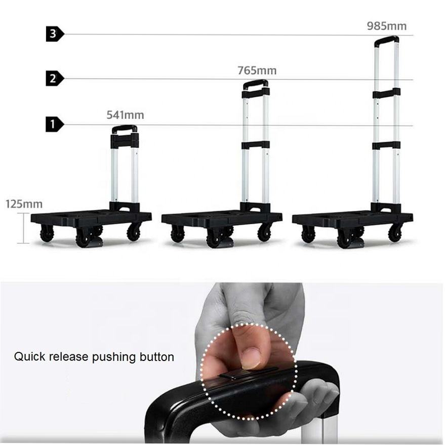 Portable 125kg Flatbed Hand Trolley Cart with Retractable Handle and ...